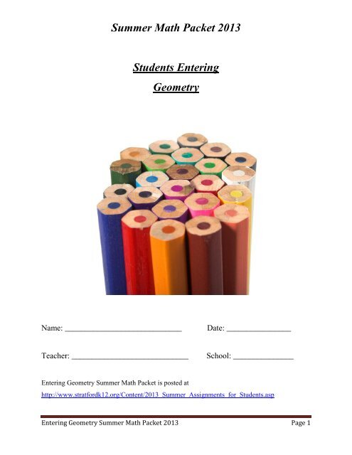 Summer Math Packet 2013 Students Entering Geometry