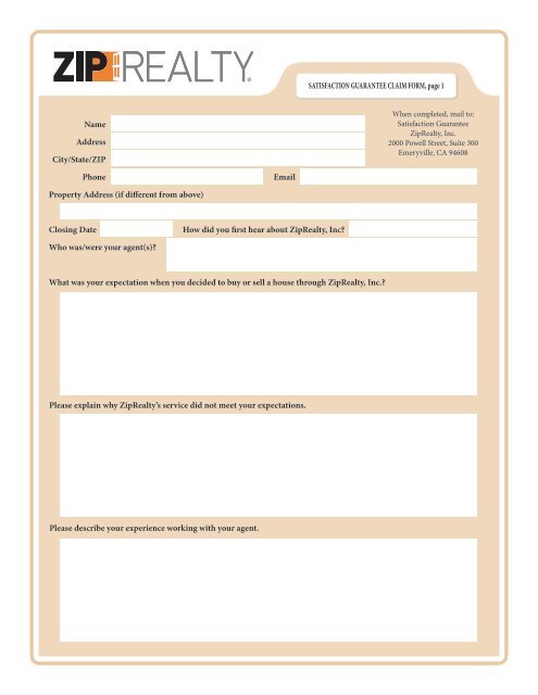 SATISFACTION GUARANTEE CLAIM FORM, page 1 Name Address ...
