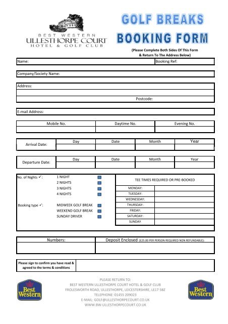 2011 Golf Break Booking Form