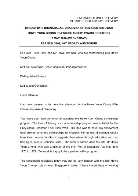 Speech By Mr Dhanabalan, Chairman Of Temasek Holdings - PSA