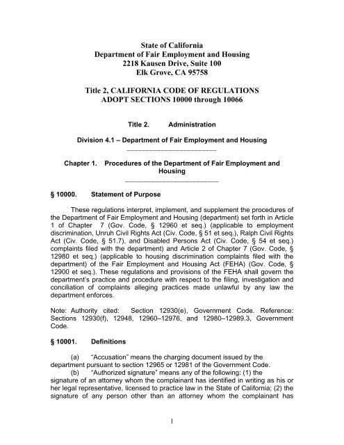 DFEH Procedural Regulations - DFEH - State of California