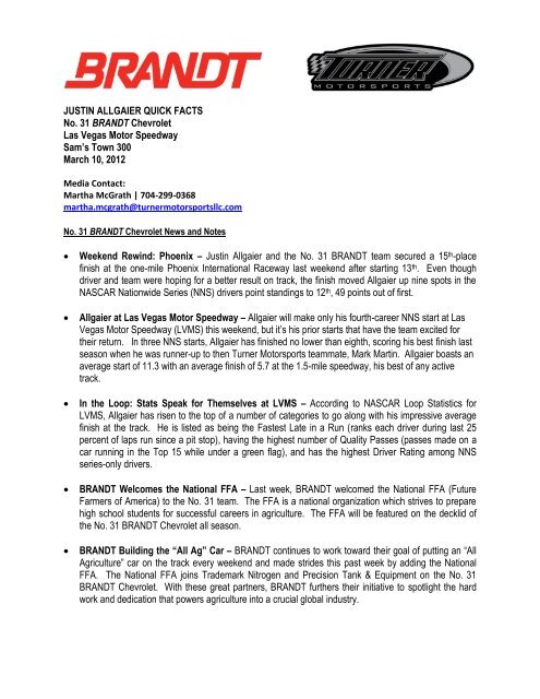JUSTIN ALLGAIER QUICK FACTS No. 31 ... - BRANDT Racing