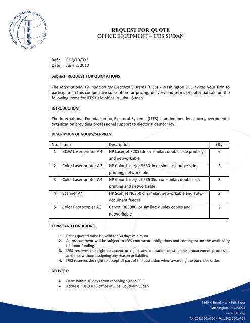REQUEST FOR QUOTE OFFICE EQUIPMENT â IFES SUDAN
