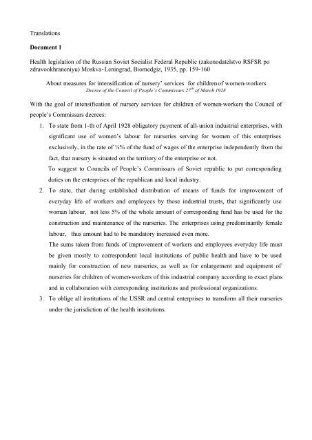 Translations Document 1 Health legislation of the Russian Soviet ...