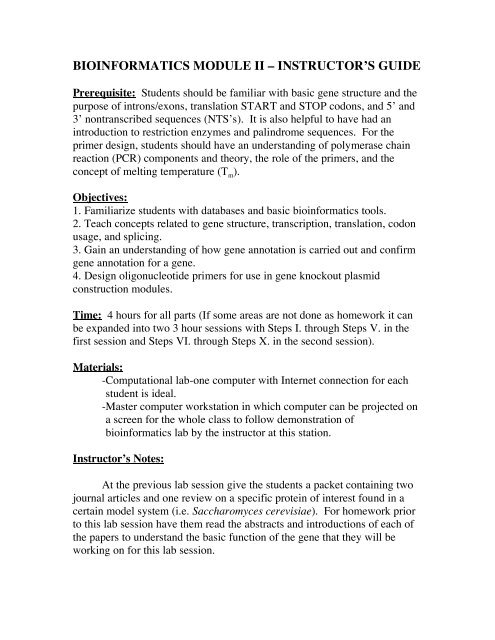 BIOINFORMATICS MODULE II â INSTRUCTOR'S GUIDE