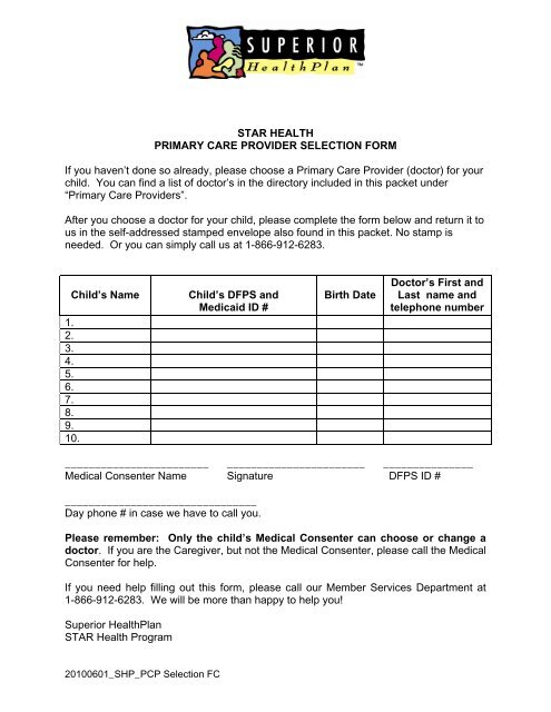PRIMARY CARE PROVIDER SELECTION FORM