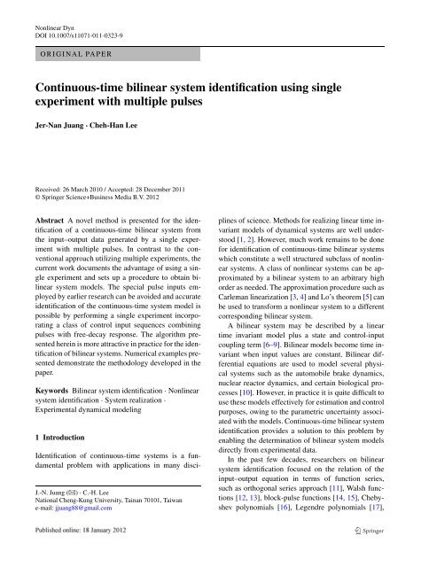 Continuous Time Bilinear System Identification Using Single