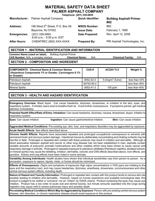 MATERIAL SAFETY DATA SHEET - Palmer Asphalt Company