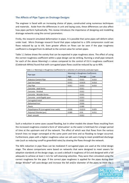 The Affects of Pipe Types on Drainage Designs - Micro Drainage