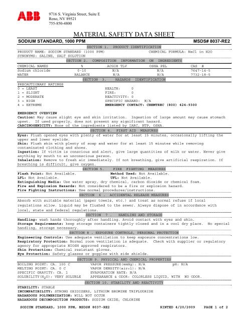 Sodium Standard MSDS