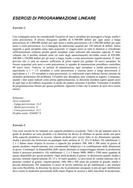 ESERCIZI DI PROGRAMMAZIONE LINEARE