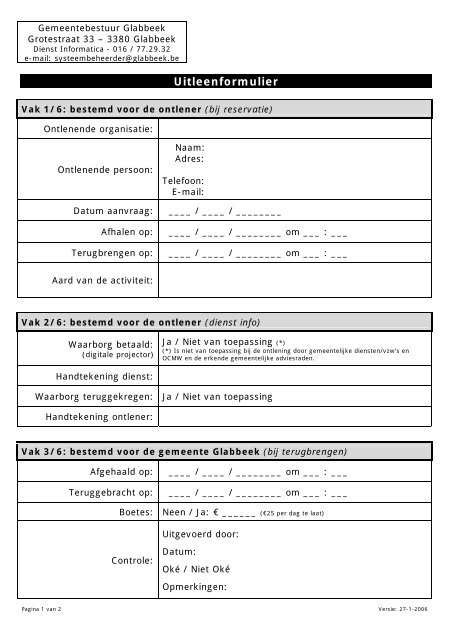 Uitleenformulier - Gemeente glabbeek