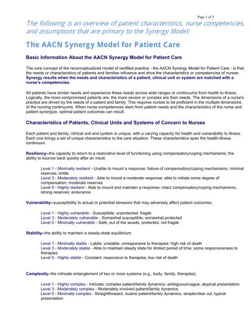 The AACN Synergy Model for Patient Care