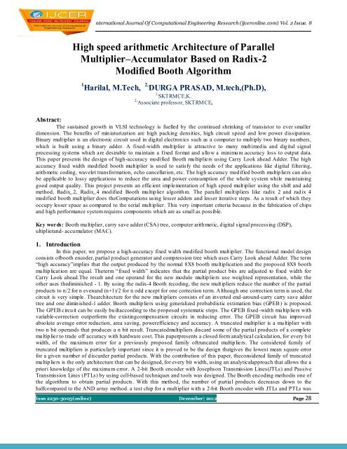 High speed arithmetic Architecture of Parallel Multiplier ... - ijcer