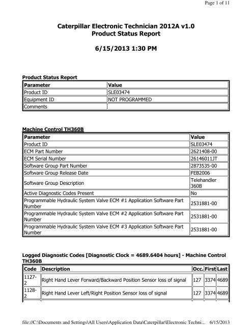 Caterpillar Electronic Technician 2012A v1.0 Product Status Report ...