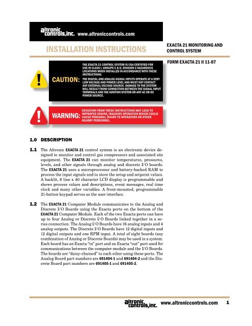 EXACTA 21 Installation Instructions - Altronic Inc.
