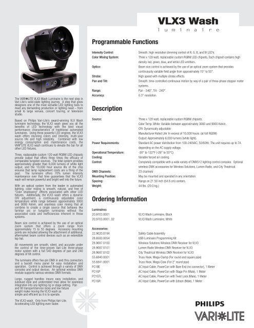 VLX3 Wash Luminaire Spec Sheet - Vari-Lite