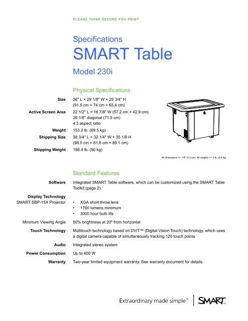 SMART Table 230i Specifications - Tierney Brothers Inc.