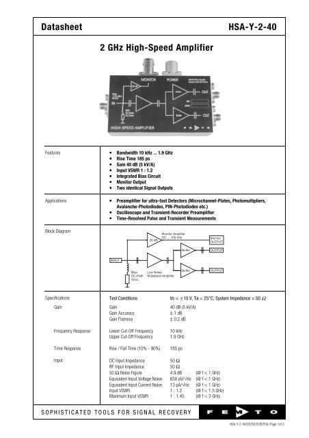 Datasheet HSA-Y-2-40 2 GHz High-Speed Amplifier