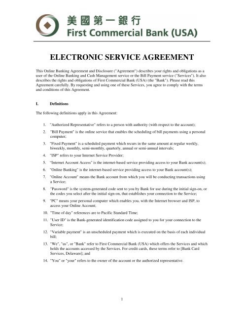 ELECTRONIC SERVICE AGREEMENT - First Commercial Bank (USA)