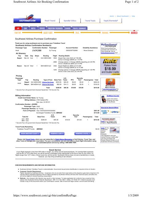 Page 1 of 2 Southwest Airlines Air Booking Confirmation 1/3/2009 ...