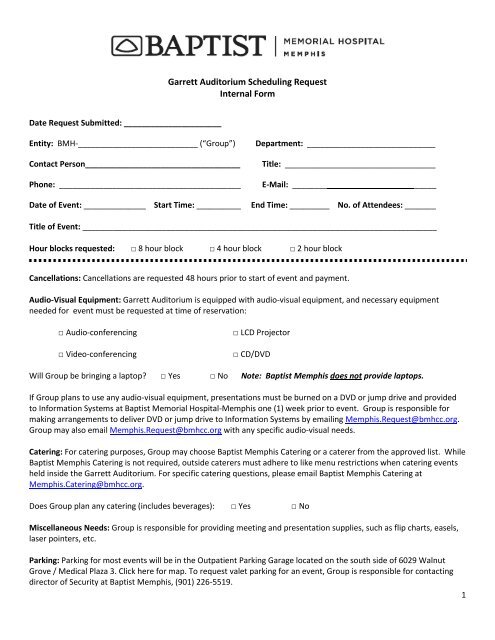 Auditorium Request Form - Baptist Memorial Online