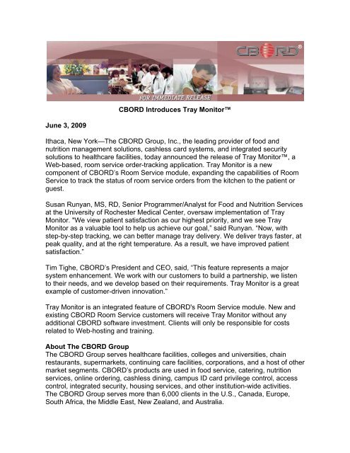 CBORD Introduces Tray Monitor - The CBORD Group, Inc.