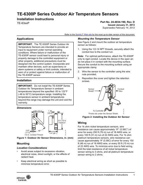 TE-6300P Series Outdoor Air Temperature Sensors Installation ...