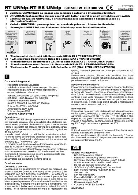 RT UN/dp-RT ES UN/dp 60Ã·500 W 60Ã·300 VA - Relco