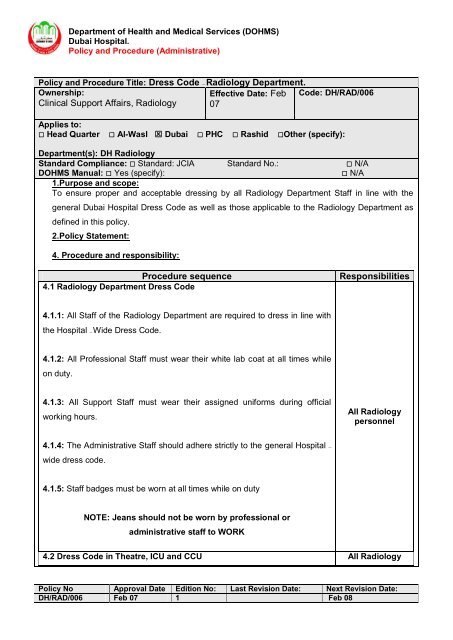 Dress code radiology department - Department of Health and ...