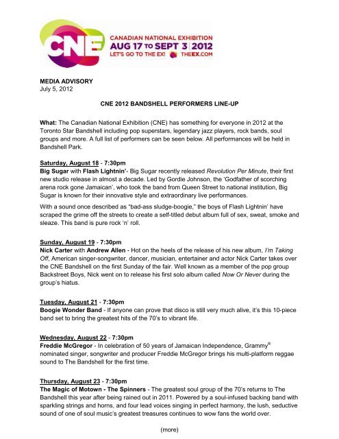 Bandshell Performers Line-Up - Canadian National Exhibition