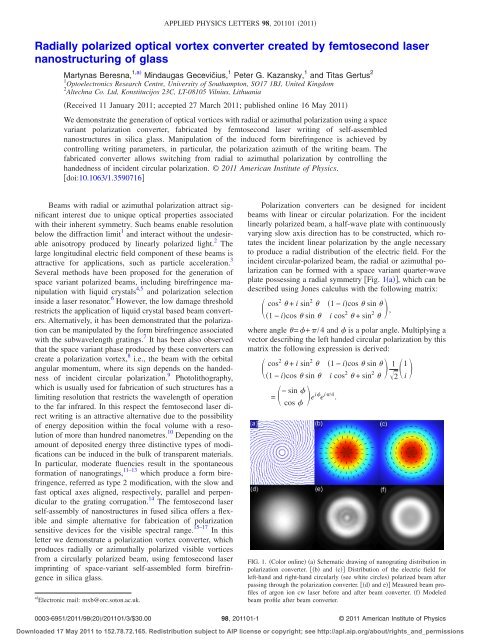 Radially polarized optical vortex converter created by femtosecond ...