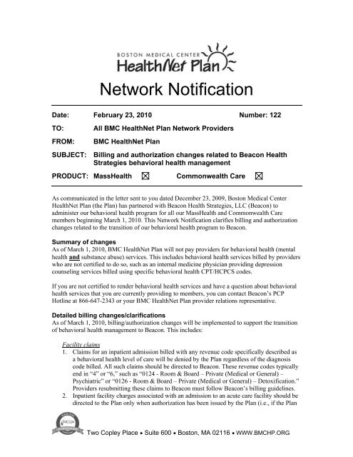 Network Notification - BMC HealthNet Plan