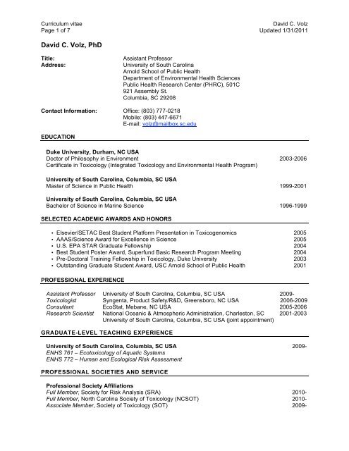 Curriculum vitae - DC Volz - Arnold School of Public Health ...