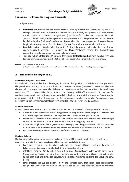 Hinweise zur Formulierung von Lernziele