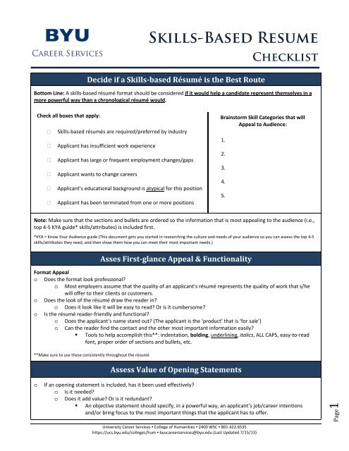 Skills-based Resume Checklist - University Career Services