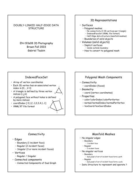 3D Representations IndexedFaceSet Polygonal Mesh Components ...