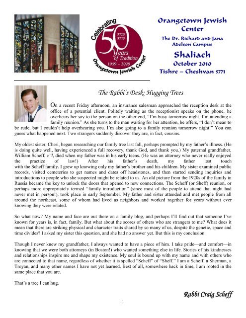 The Rabbi's Desk: Hugging Trees Rabbi Craig Scheff