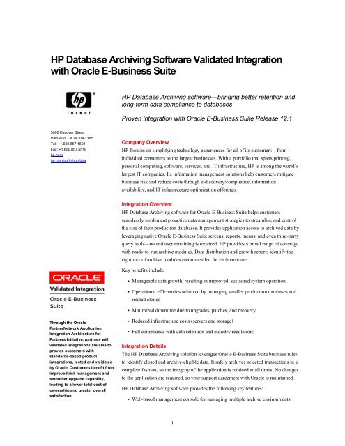 Hp Database Archiving Software Validated Integration With Oracle E