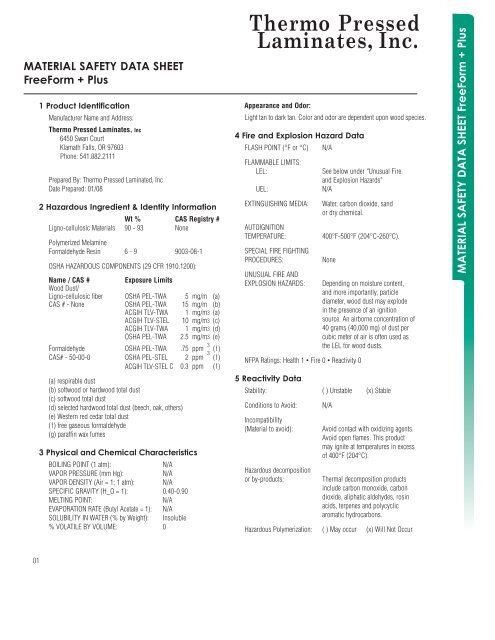 MATERIAL SAFETY DATA SHEET FreeForm + Plus MATERIAL ...