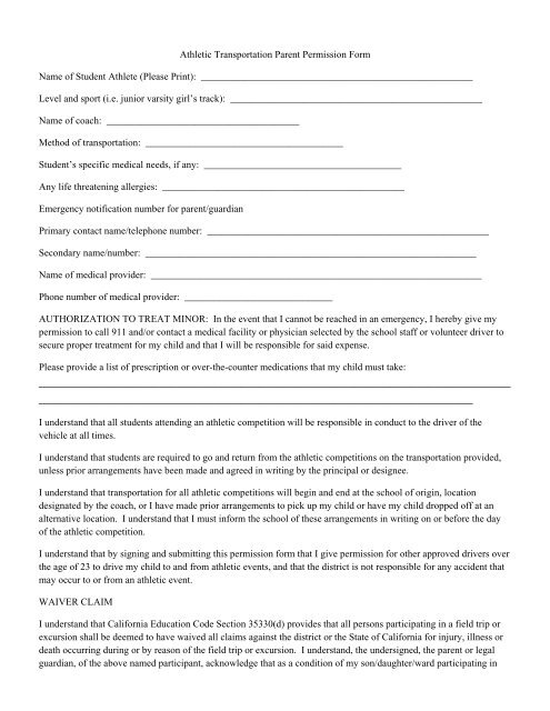 Athletic Transportation Parent Permission Form Name of Student ...