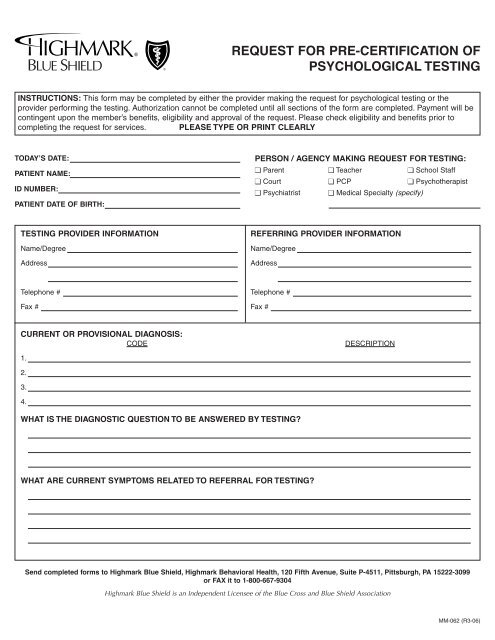 request for pre-certification of psychological testing - Highmark Blue ...