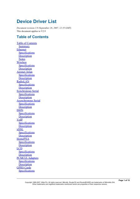 Device Driver List - MikroTik