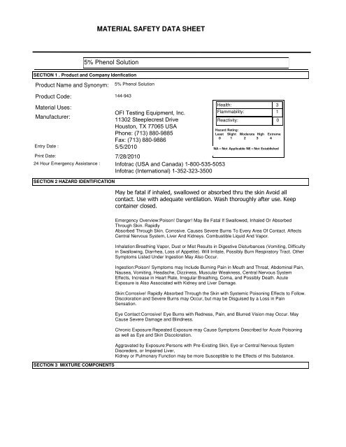 MATERIAL SAFETY DATA SHEET - OFI Testing Equipment, Inc.