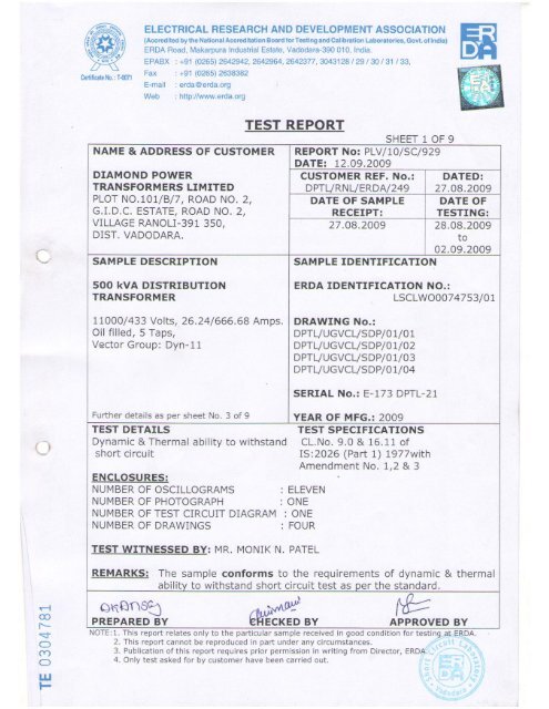 500 KVA Dynamic & Thermal Ability to Withstand Short Circuit Test