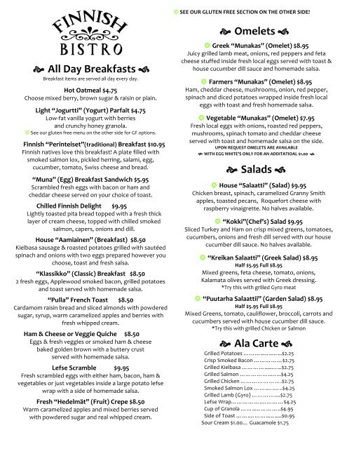 Finnish Bistro Menu side 1 with finnish - the Finnish Bistro
