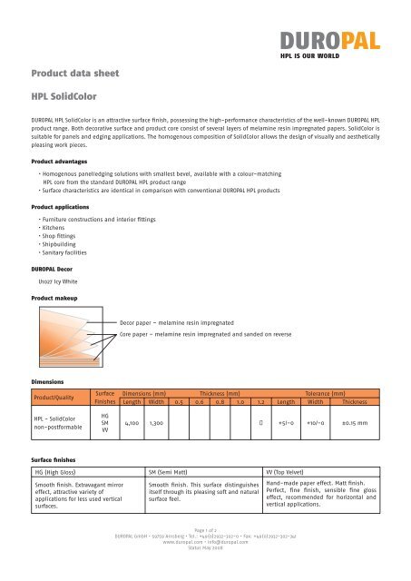Product data sheet HPL SolidColor - Duropal