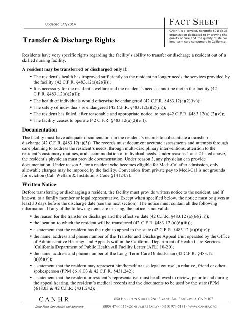 Transfer & Discharge Rights - California Advocates for Nursing ...