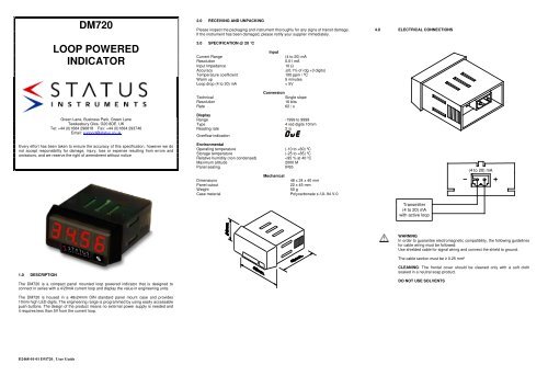 DM720 LOOP POWERED INDICATOR - Status Instruments