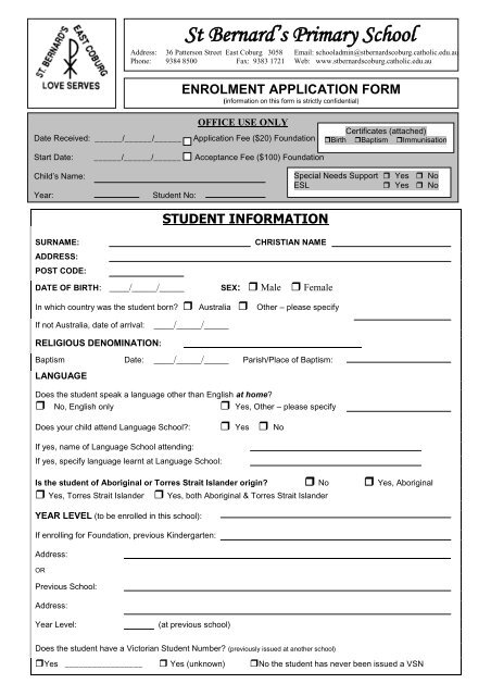 Enrolment Application Form - St. Bernard's Primary School